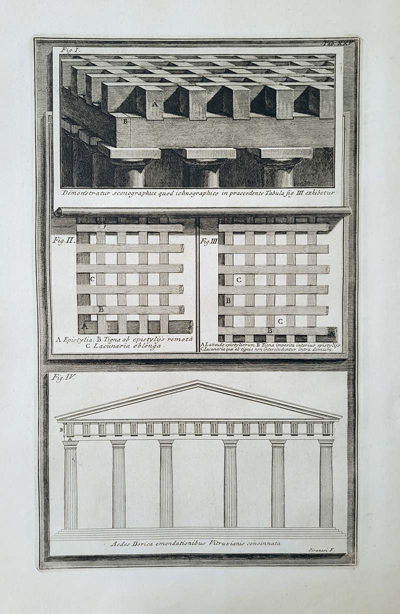 Plate XXV Three diagrams of Doric temple construction and an elevation ...